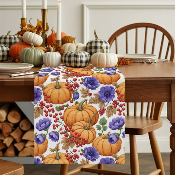 Autumn Pumpkin Purple Flower Table Runner 13x72in Non-Slip Cotton Linen ...