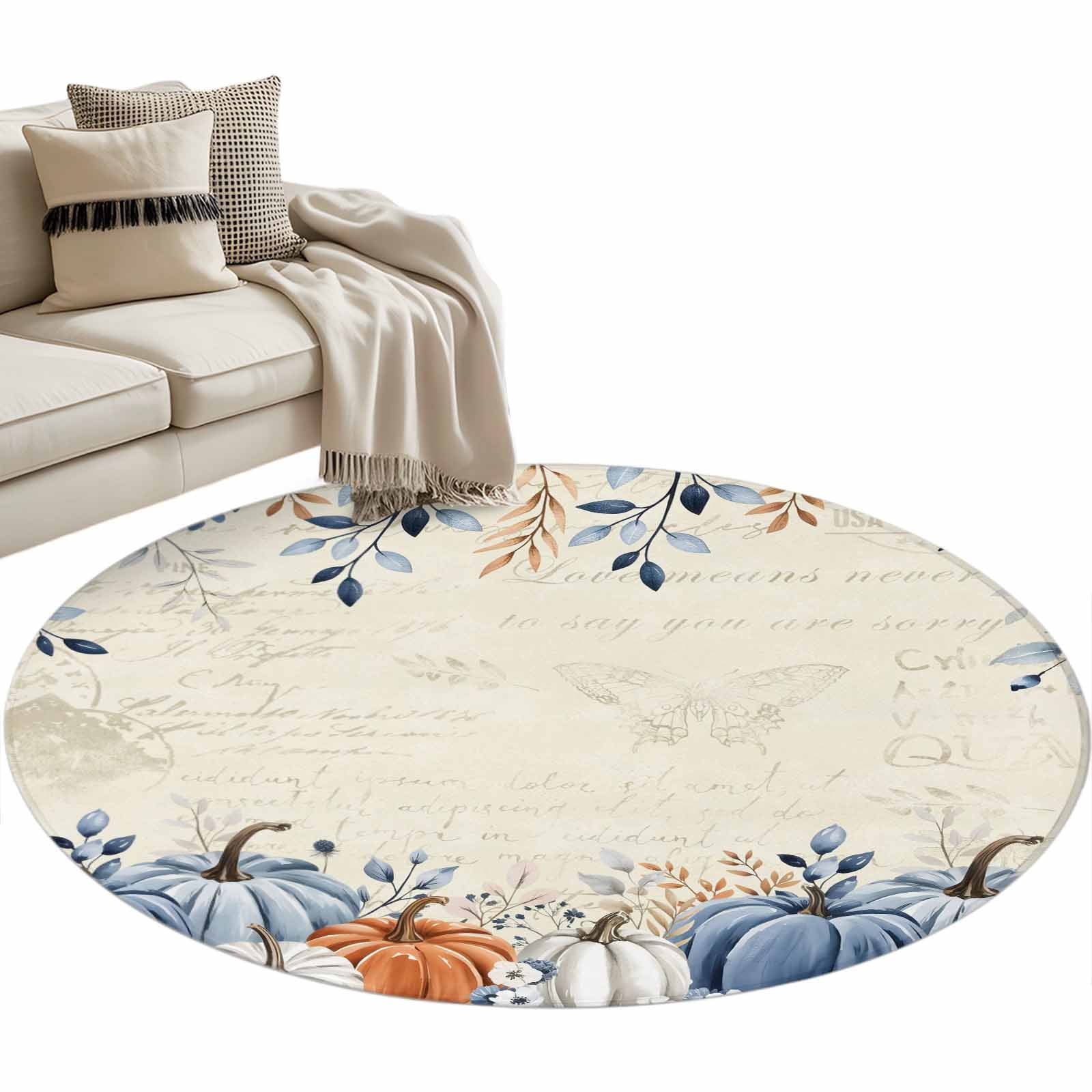 Autumn Pumpkin Round Area Rug 4ft, Thanksgiving Blue Eucalyptus Leaf ...