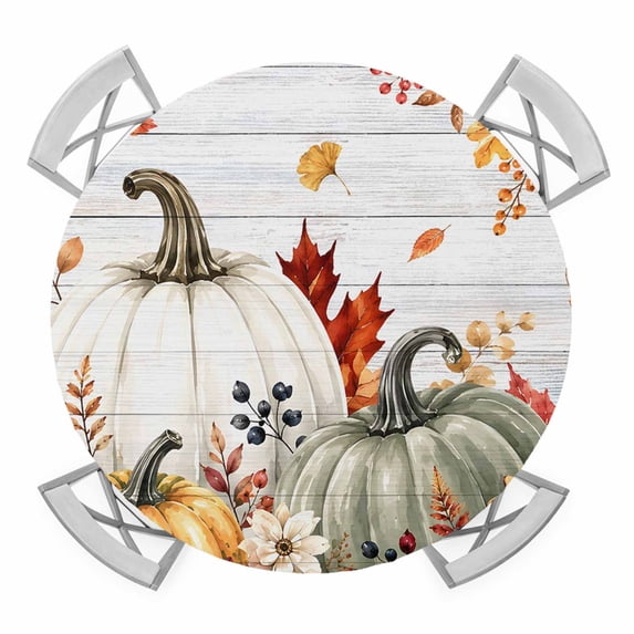 Autumn Pumpkin Round Table Cover, Orange White Green Fruits Fall Maple ...