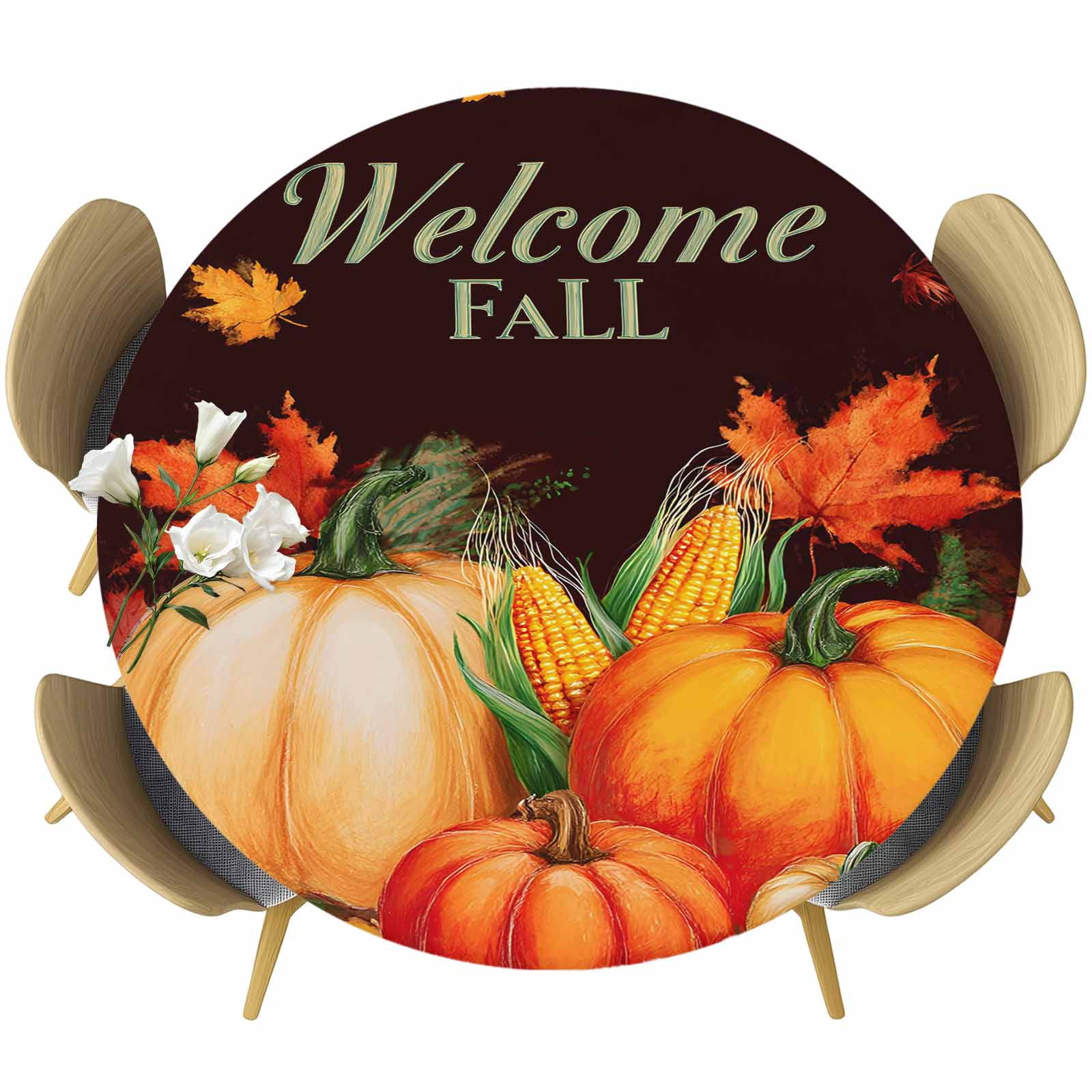 Autumn Pumpkin Round Tablecloth, Fitted Table Cover with Elastic for 55 ...