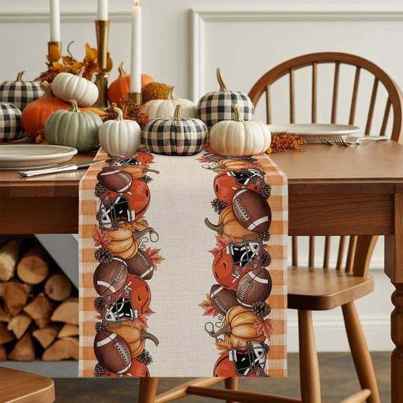 Autumn Pumpkin Rugby Helmet on Linen Table Runner 13x36in Non-Slip ...