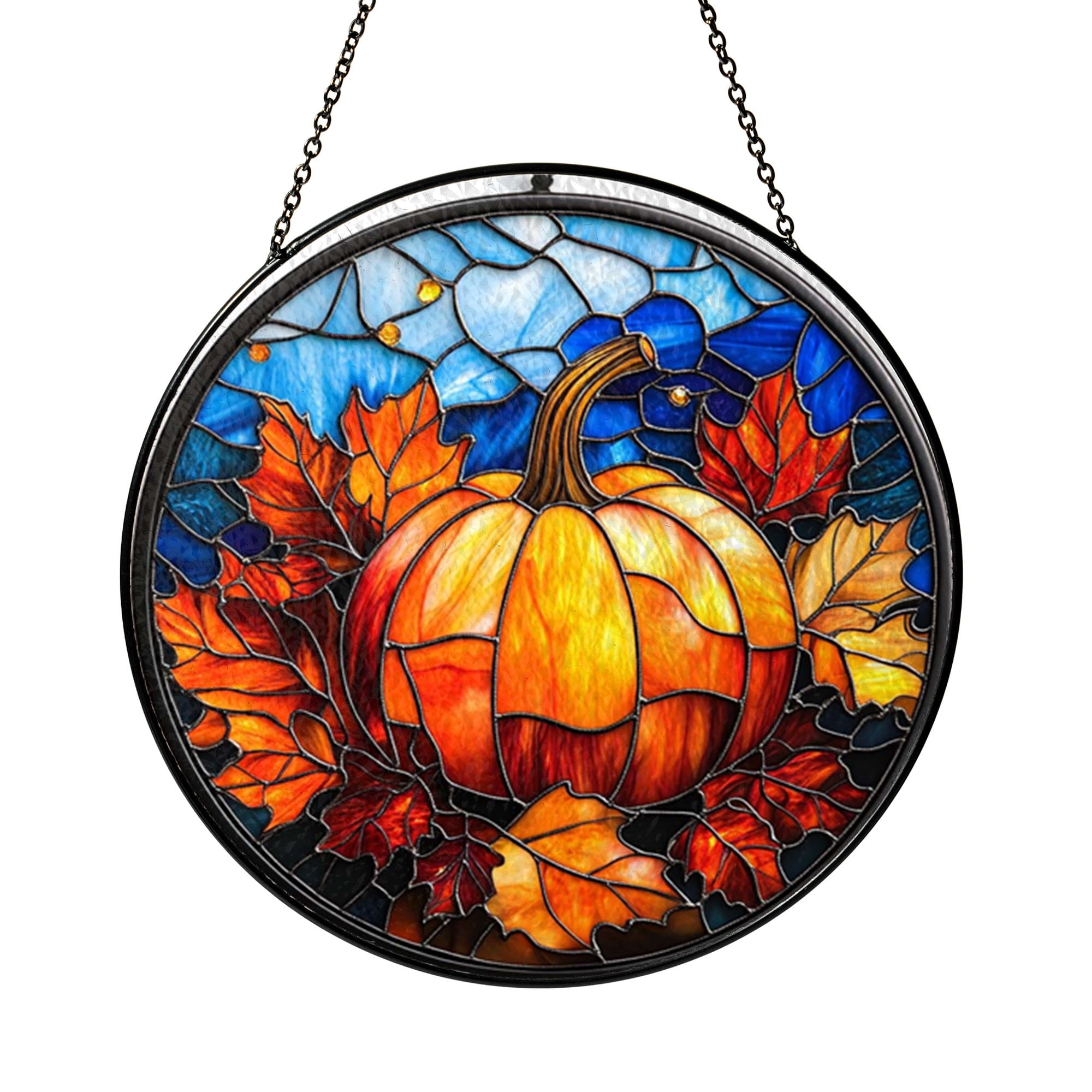 Autumn Pumpkin Stained Glass Style Suncatcher, Round Fall Leaves Window ...