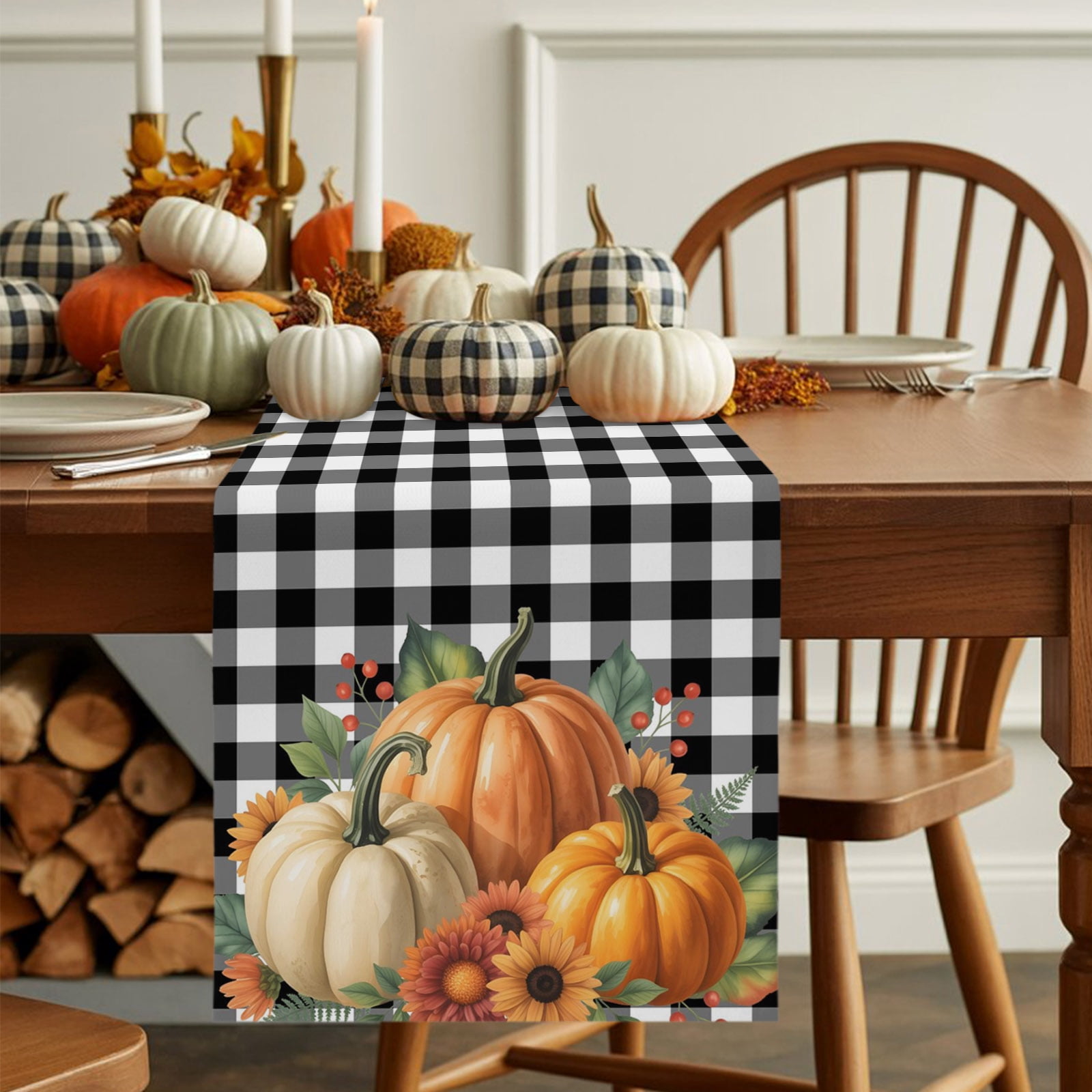 Autumn Pumpkin Sunflower Table Runner 13x72in Non-Slip Cotton Linen ...