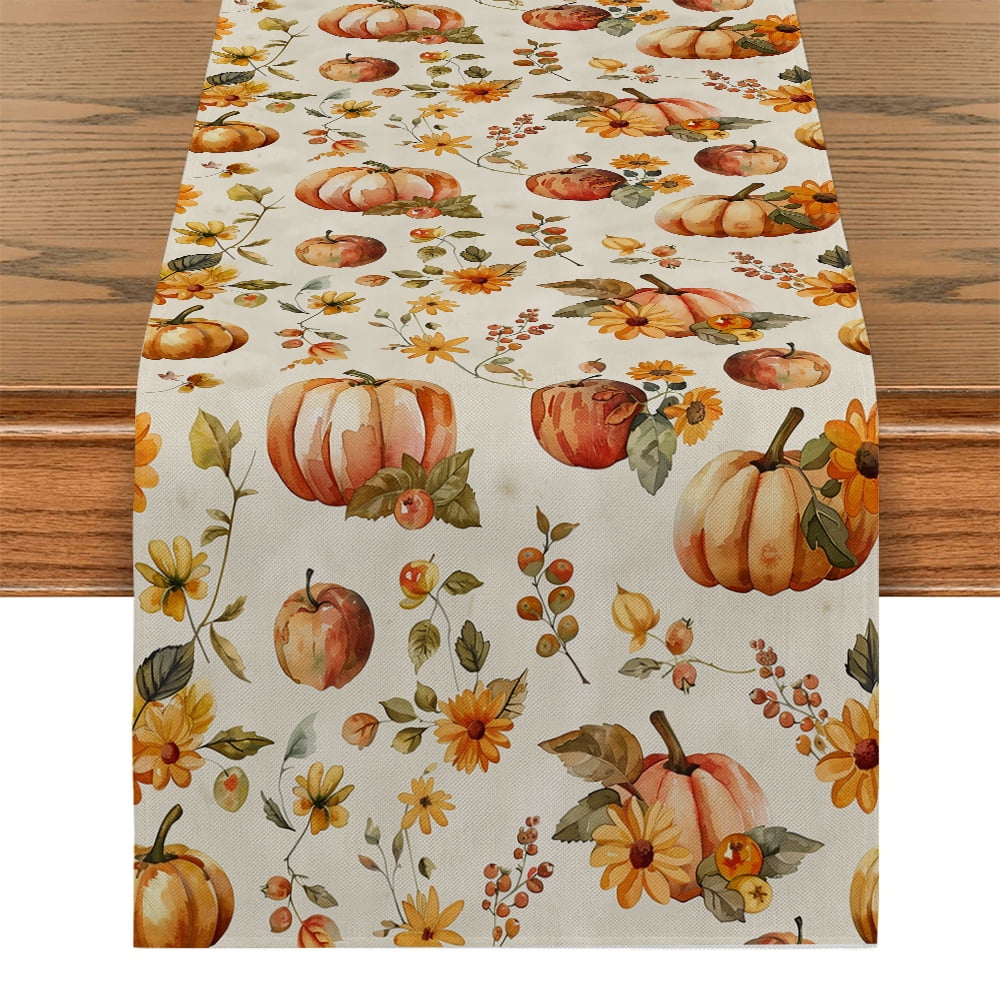 Autumn Pumpkin Sunflower Watercolor Table Runners Dresser Table r ...