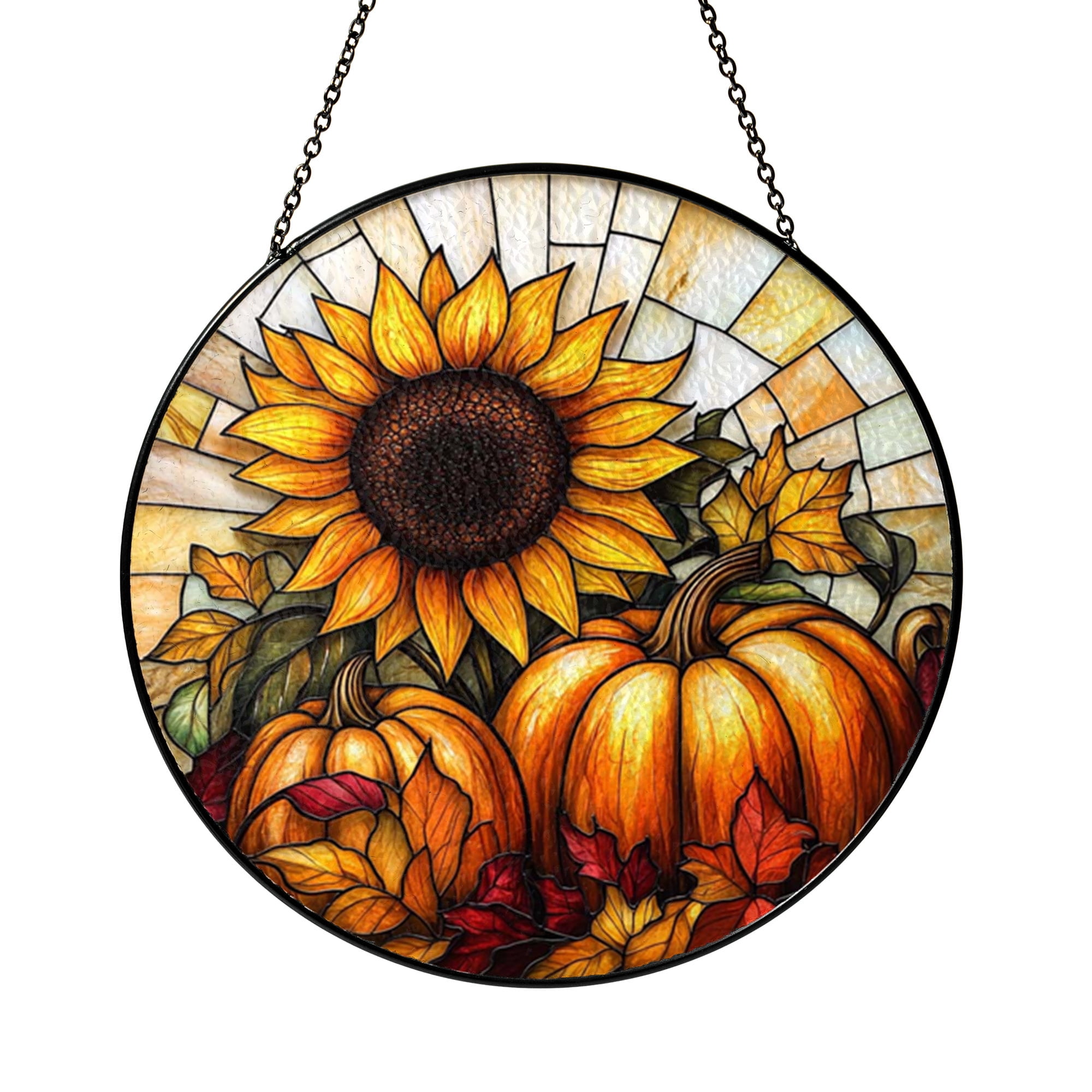 Autumn Pumpkin Sunflower and Maple Leaf Stained Glass Suncatcher ...