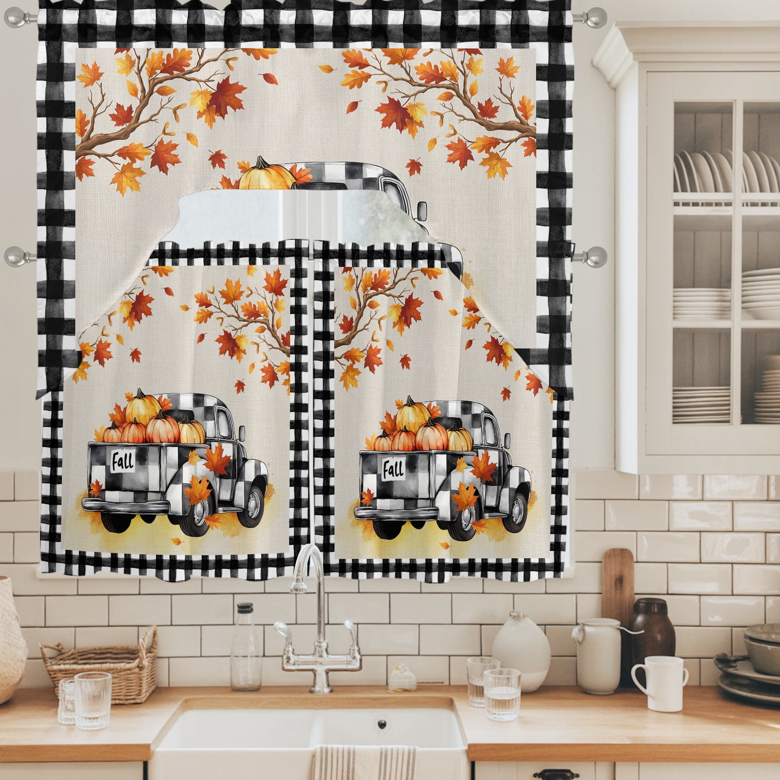 Autumn Pumpkin Swag Curtains Valance and Tier Set, Truck Black And ...