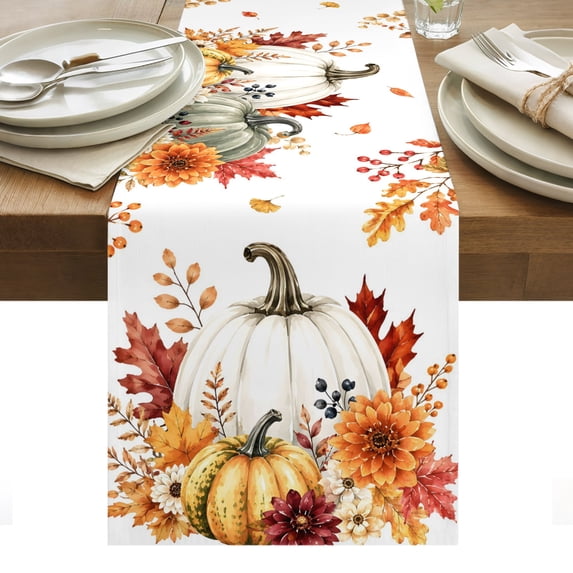 Autumn Pumpkin Table Runner, Orange White Fruits Fall Maple Leaf ...