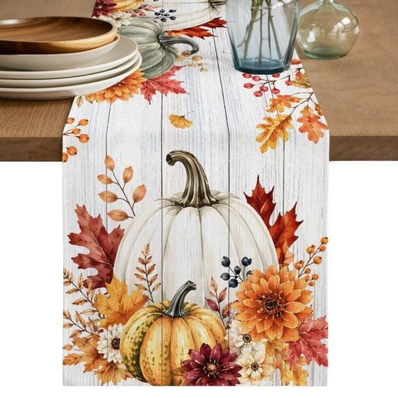 Autumn Pumpkin Table Runner, Orange White Green Fruits Fall Maple Leaf ...