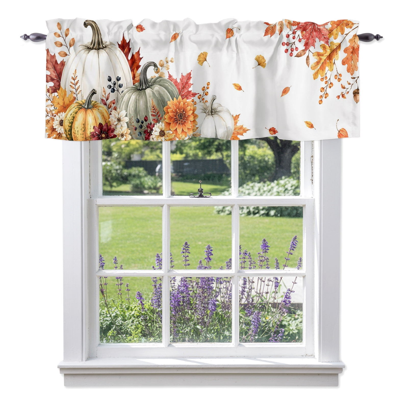 Autumn Pumpkin Valances for Windows Orange White Fruits Fall Maple Leaf ...