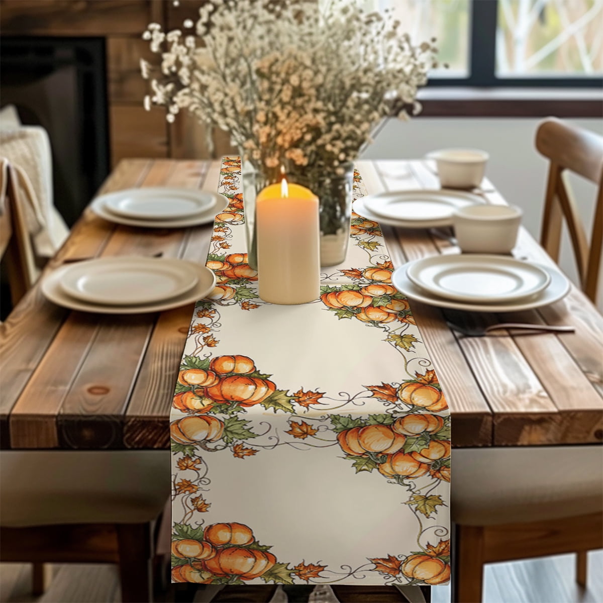 Autumn Pumpkin Vine Maple Leaf Table Runners Kitchen Table ration ...