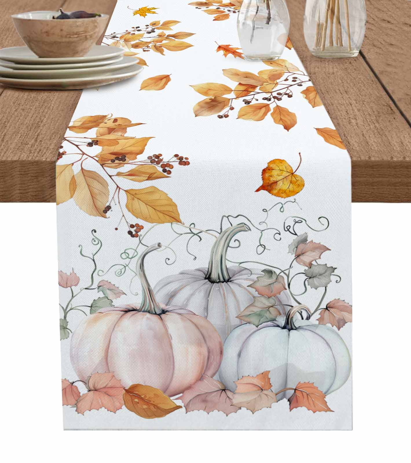 Autumn Pumpkin Watercolor Leaves Table Runners Dresser Scarf Table r ...