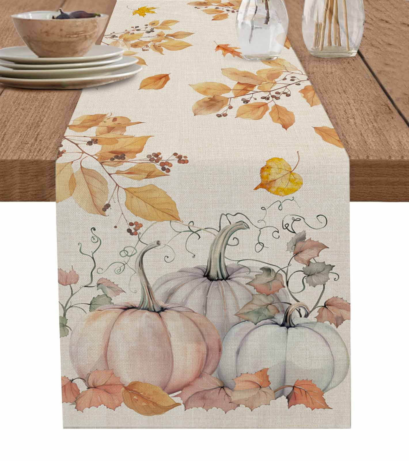 Autumn Pumpkin Watercolor Leaves Table Runners Holiday Kitchen Table r ...