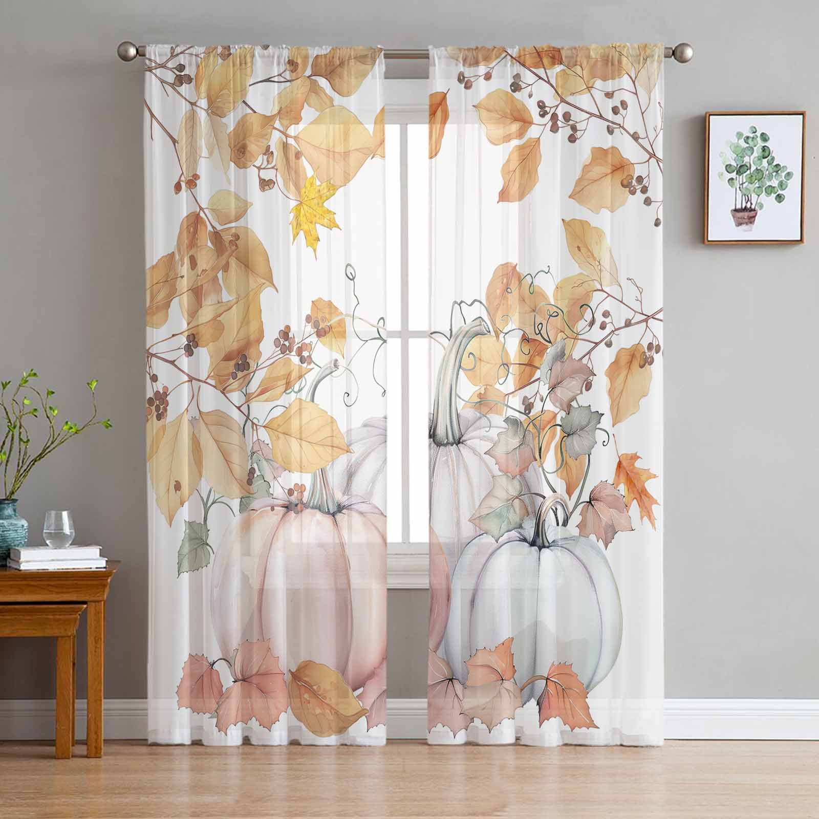 Autumn Pumpkin Watercolor Leaves Window Tulle Curtains for Living Room ...