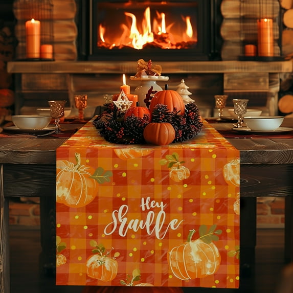 Autumn Pumpkin Watercolor Plaid Table Runner Home Wedding Centerpieces ...