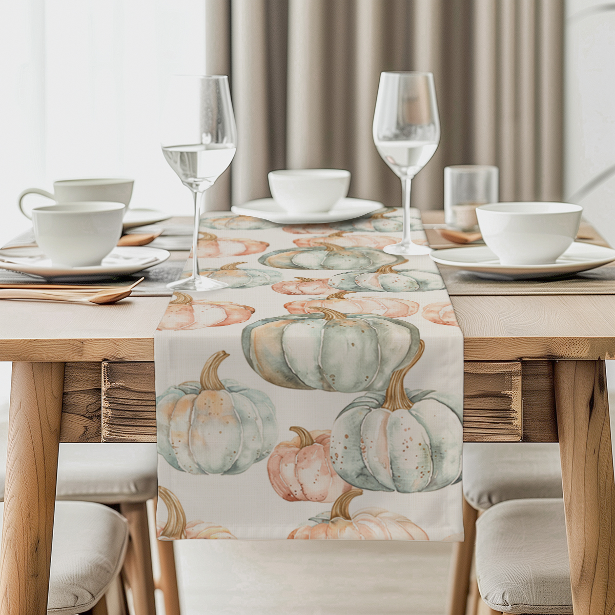 Autumn Pumpkin Watercolor Table Runners Tablecloth Home ration Dining ...