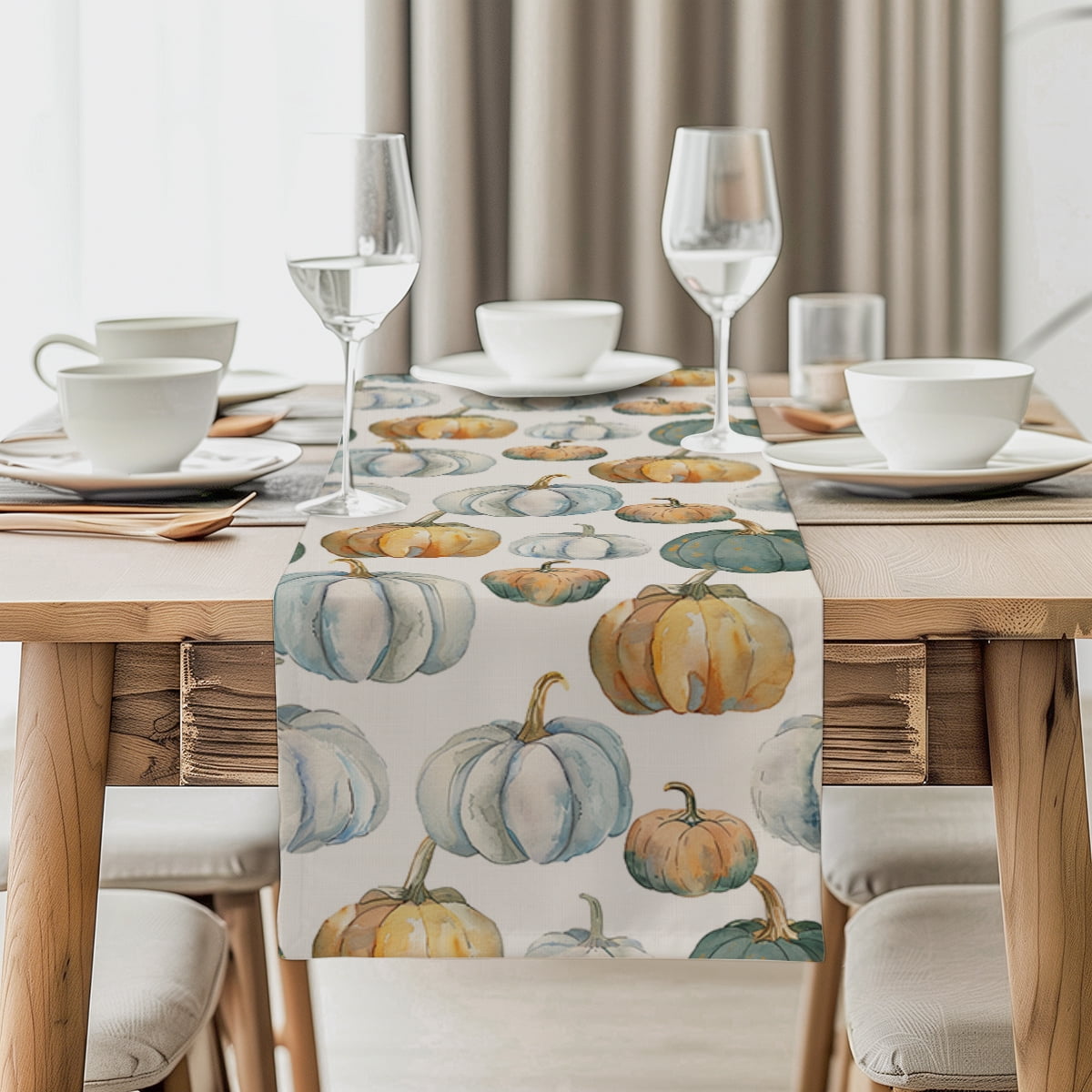 Autumn Pumpkin Watercolor Table Runners Tablecloth Home ration Dining ...