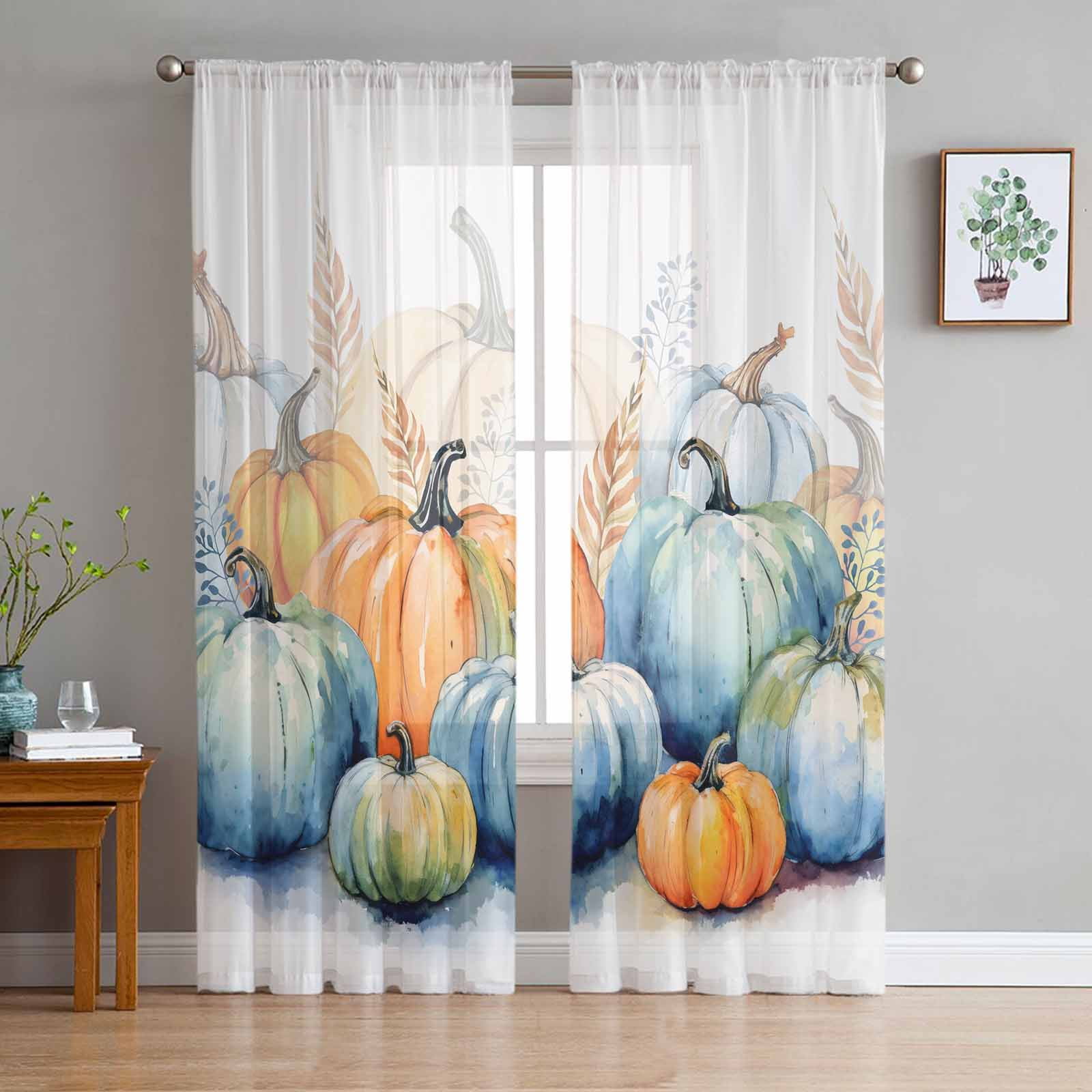 Autumn Pumpkin Watercolor Tulle Curtains for Living Room Sheer Curtain ...