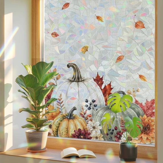 Autumn Pumpkin Window Privacy Film, Orange White Fruits Fall Maple Leaf ...