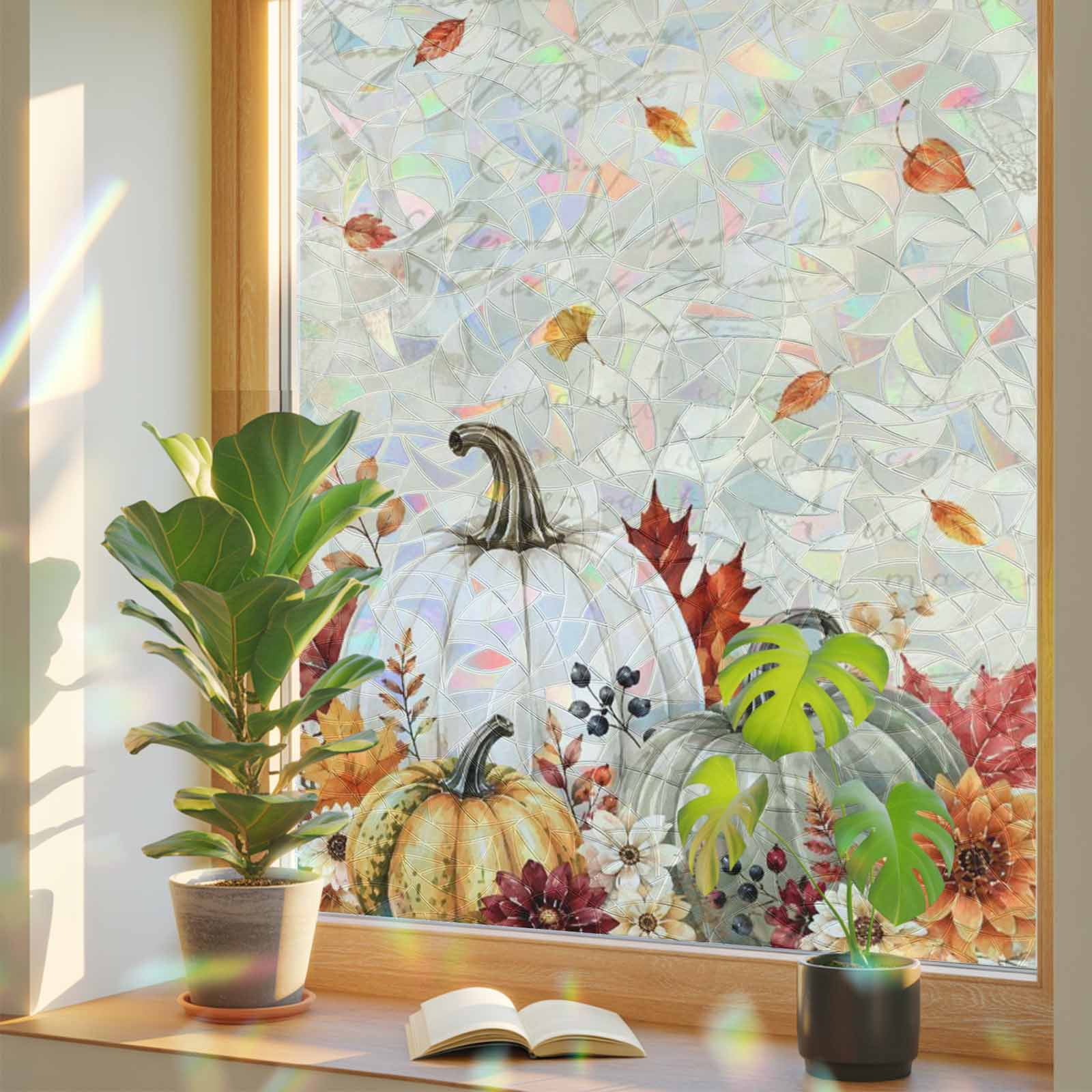 Autumn Pumpkin Window Privacy Film, Orange White Fruits Fall Maple Leaf ...