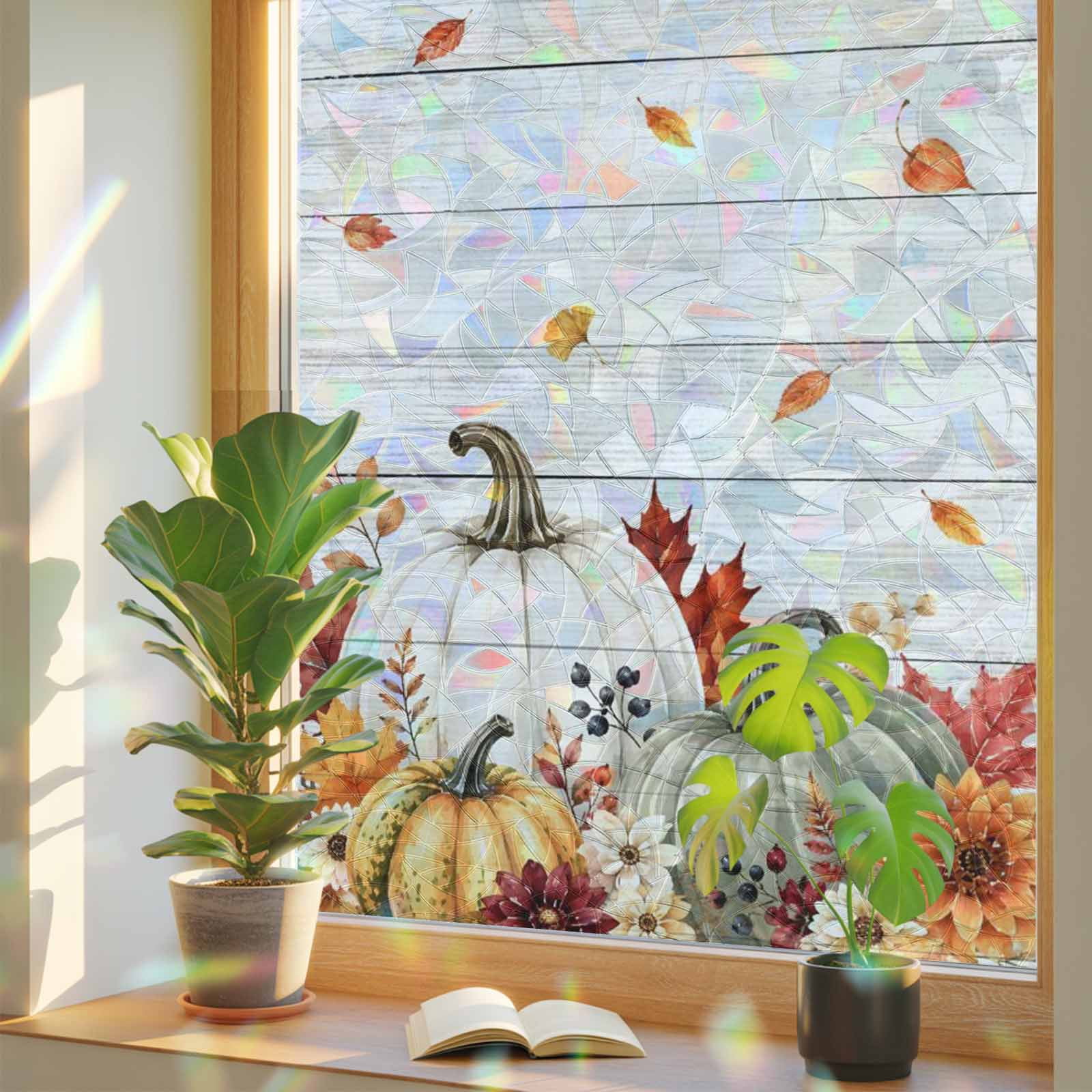 Autumn Pumpkin Window Privacy Film, Orange White Green Fruits Fall ...