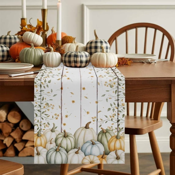 Autumn Pumpkin on Wood Board Table Runner 13x36in Non-Slip Cotton Linen ...