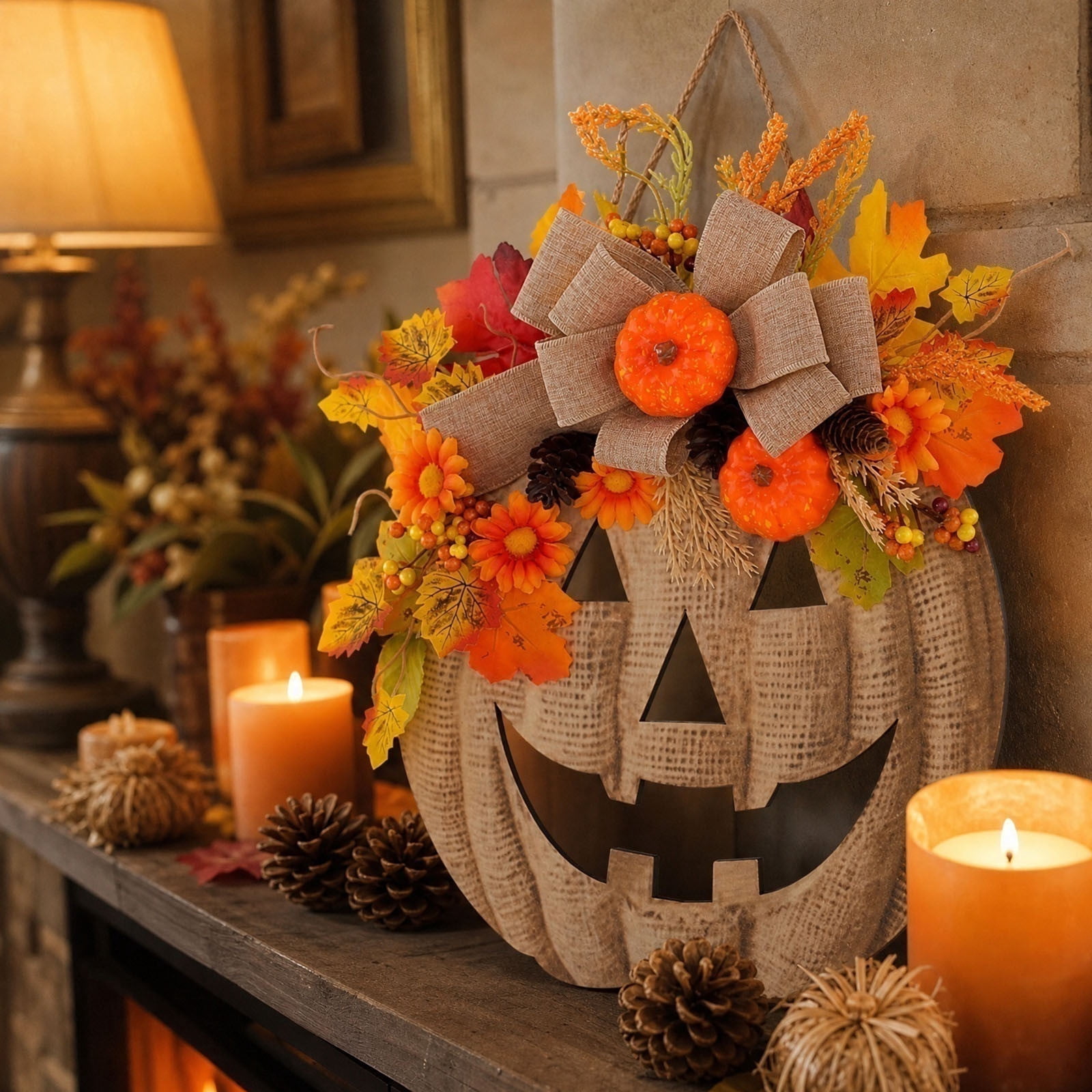 Autumn Pumpkin Wooden Door Hanger 13.8 Inch - Fall Floral Display Sign ...
