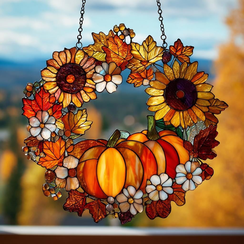 Autumn Pumpkin Wreath Wavy Acrylic Suncatcher - Faux Stained Glass ...