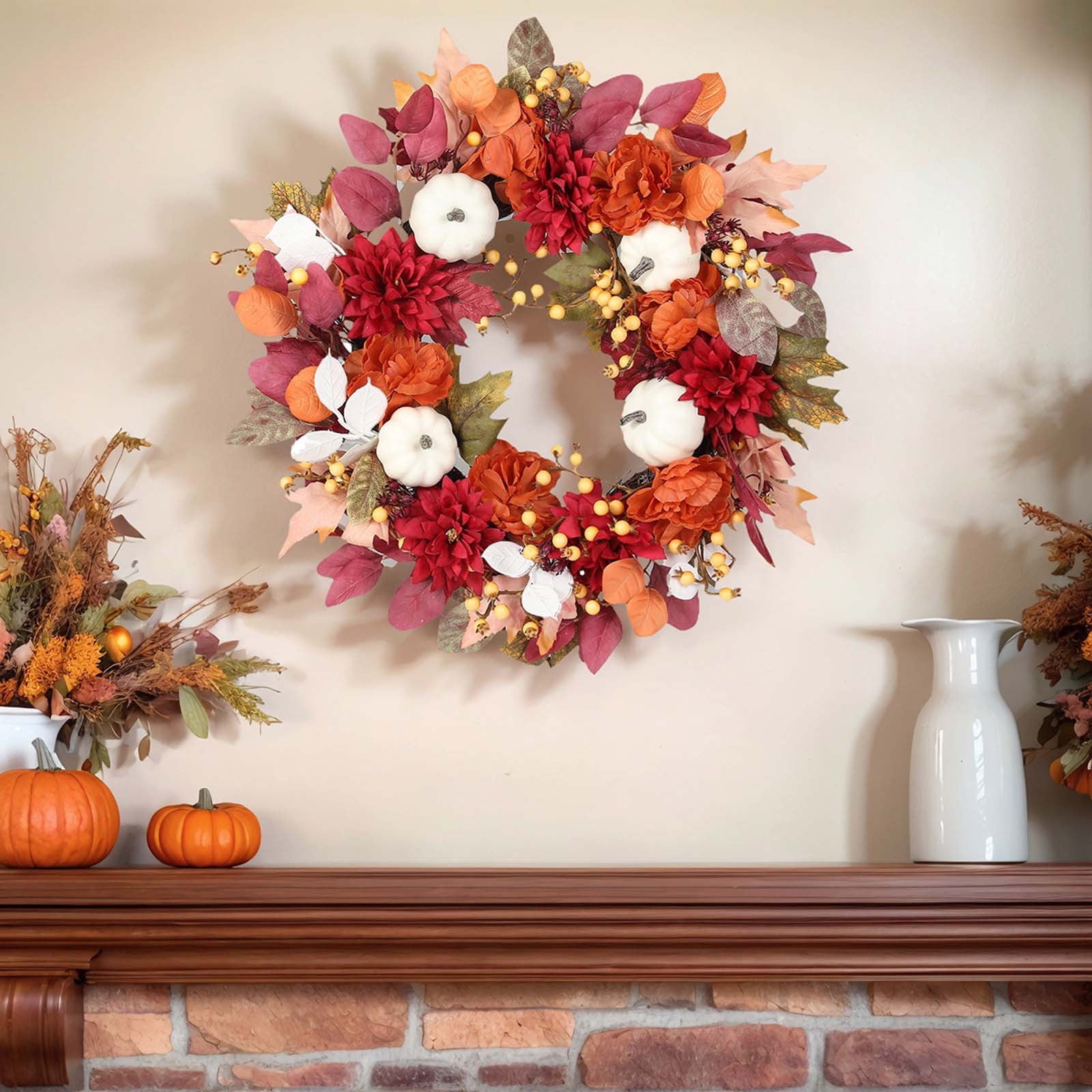 Autumn Pumpkin Wreath with Maple Leaves and Sunflowers - 19.7 Inch Fall ...