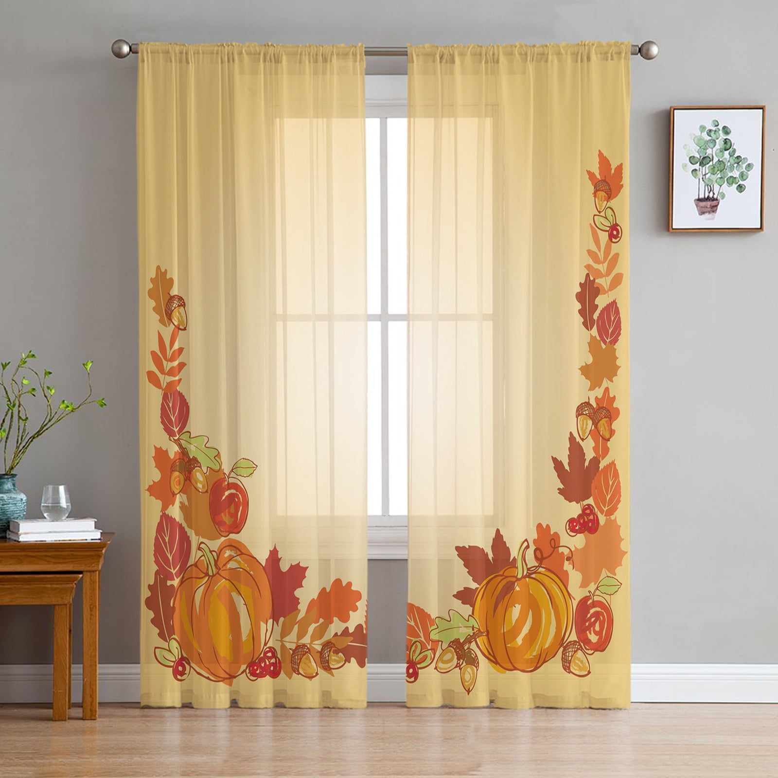 Autumn Pumpkin Yellow Leaves Tulle Sheer Window Curtains for Living ...