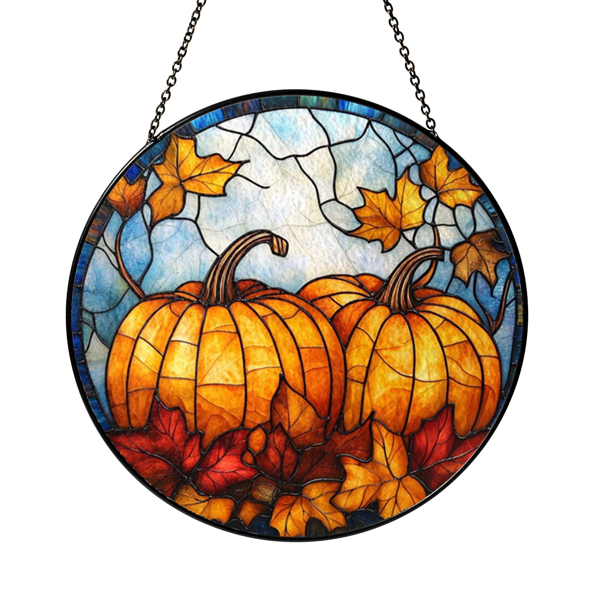 Autumn Pumpkin and Leaves Stained Glass Suncatcher, Round Window ...