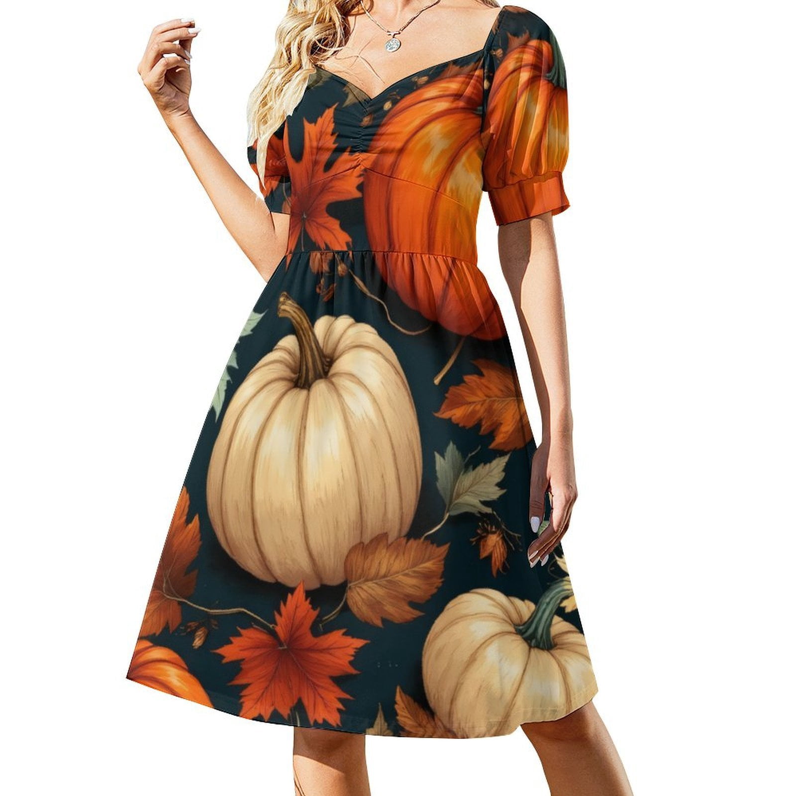 Autumn Pumpkins And Leaves Pattern Summer Women's Dress 2025 Elegant ...