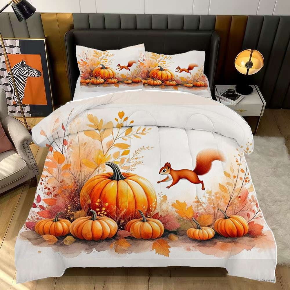 Autumn Pumpkins And Squirrel Comforter Set Queen Size Bedding Set For ...