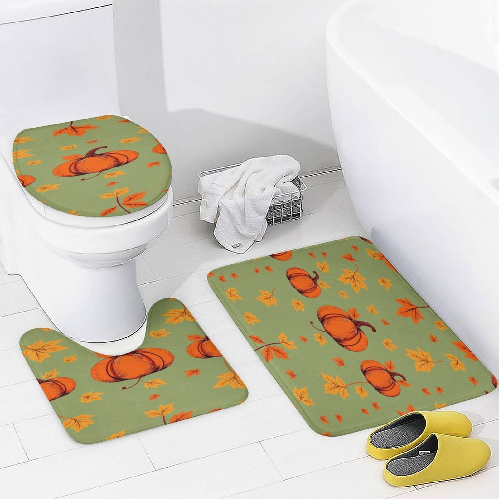 Autumn Pumpkins Leaves Bathroom Rugs Set 3 Piece with Non-Slip Bath ...
