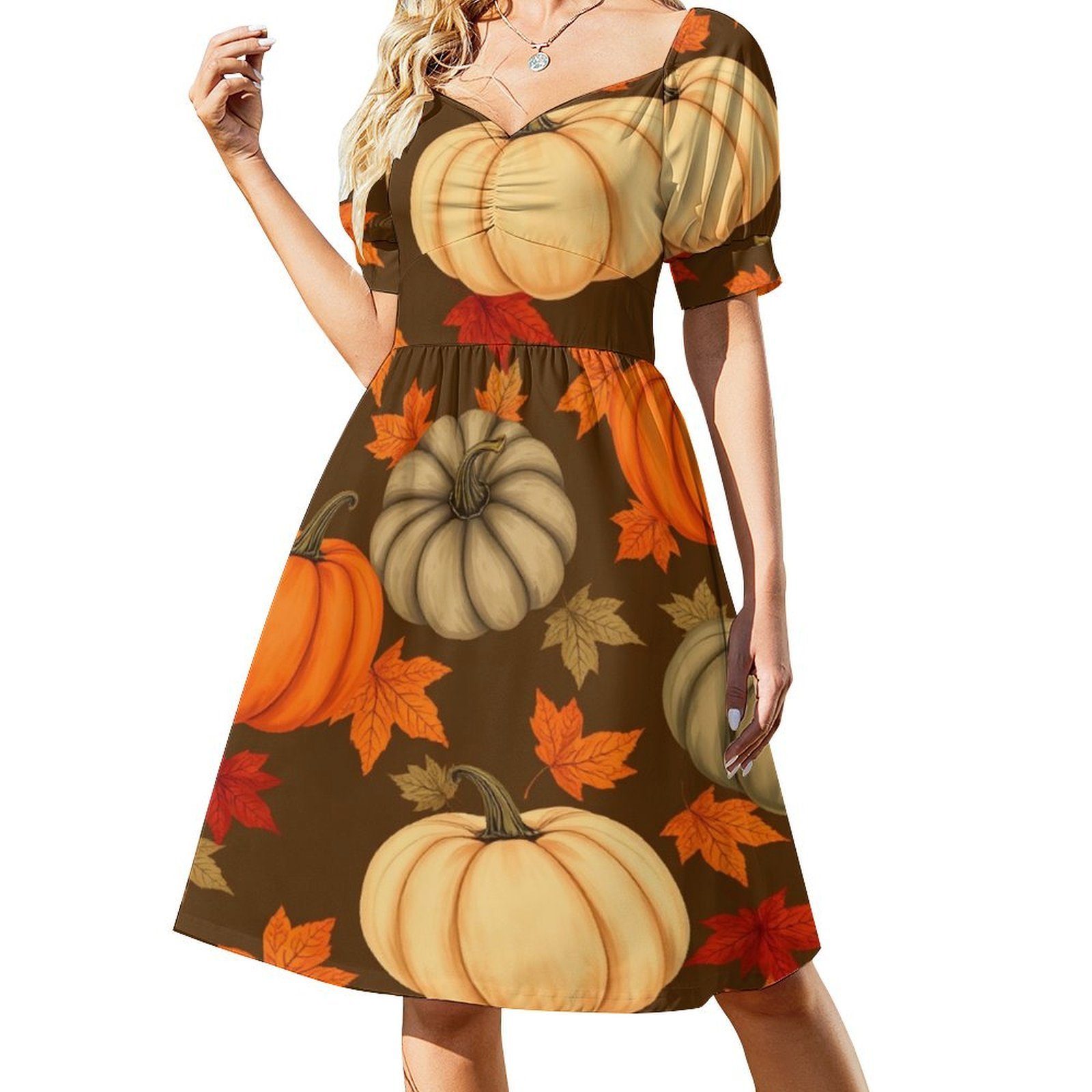 Autumn Pumpkins Leaves Short Sleeved Dress Fairy Dress Evening Gown ...