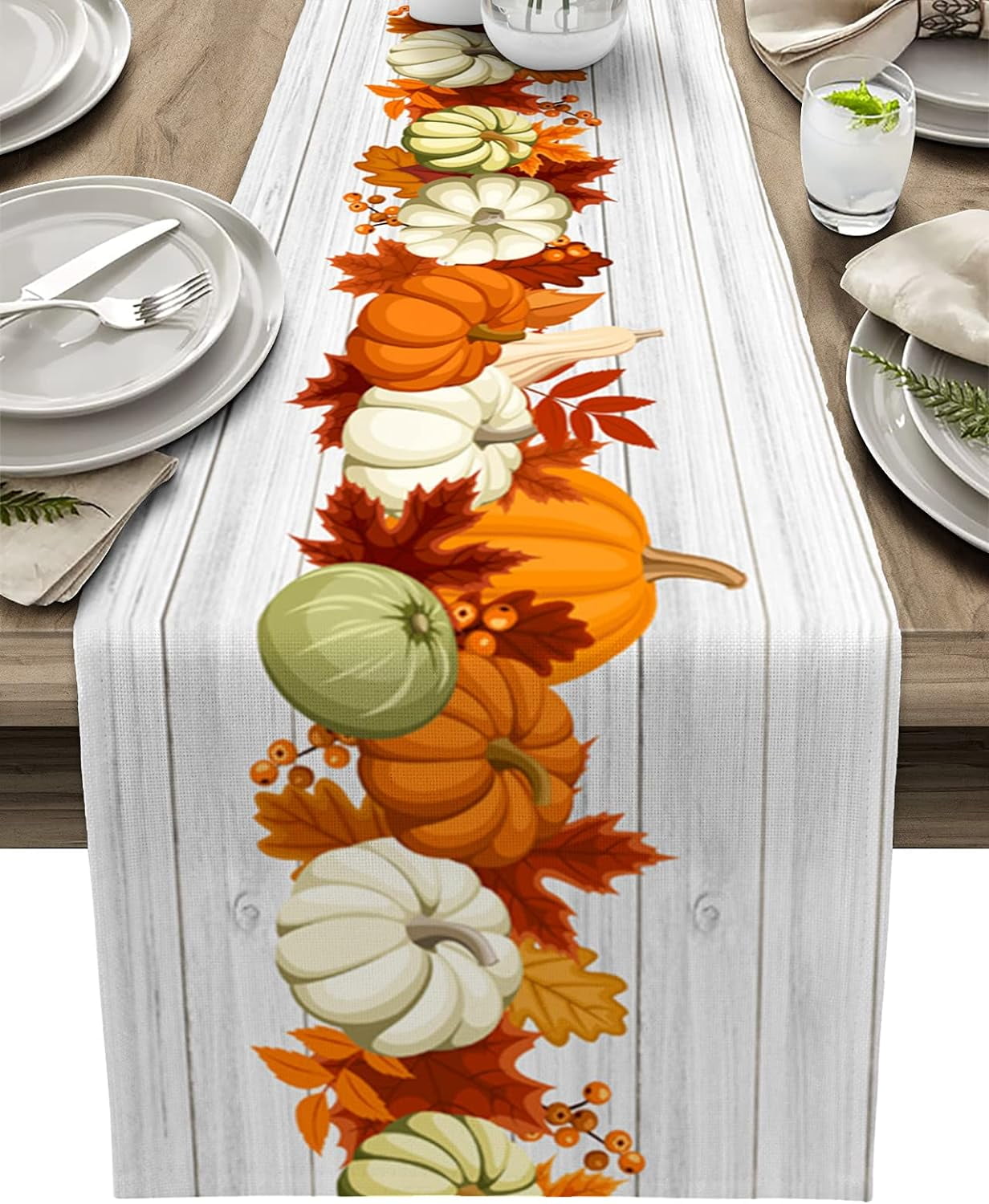 Autumn Pumpkins Maple Leaf Wood Grain Linen Table Runner Dresser ...