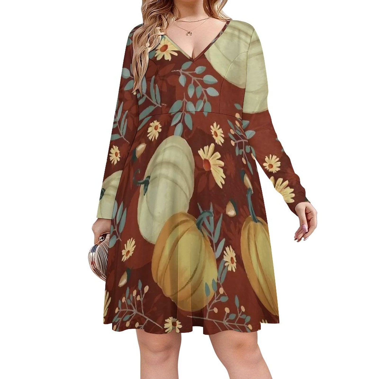 Autumn Pumpkins Maroon Background Long Sleeve Dresses For Women Vintage ...