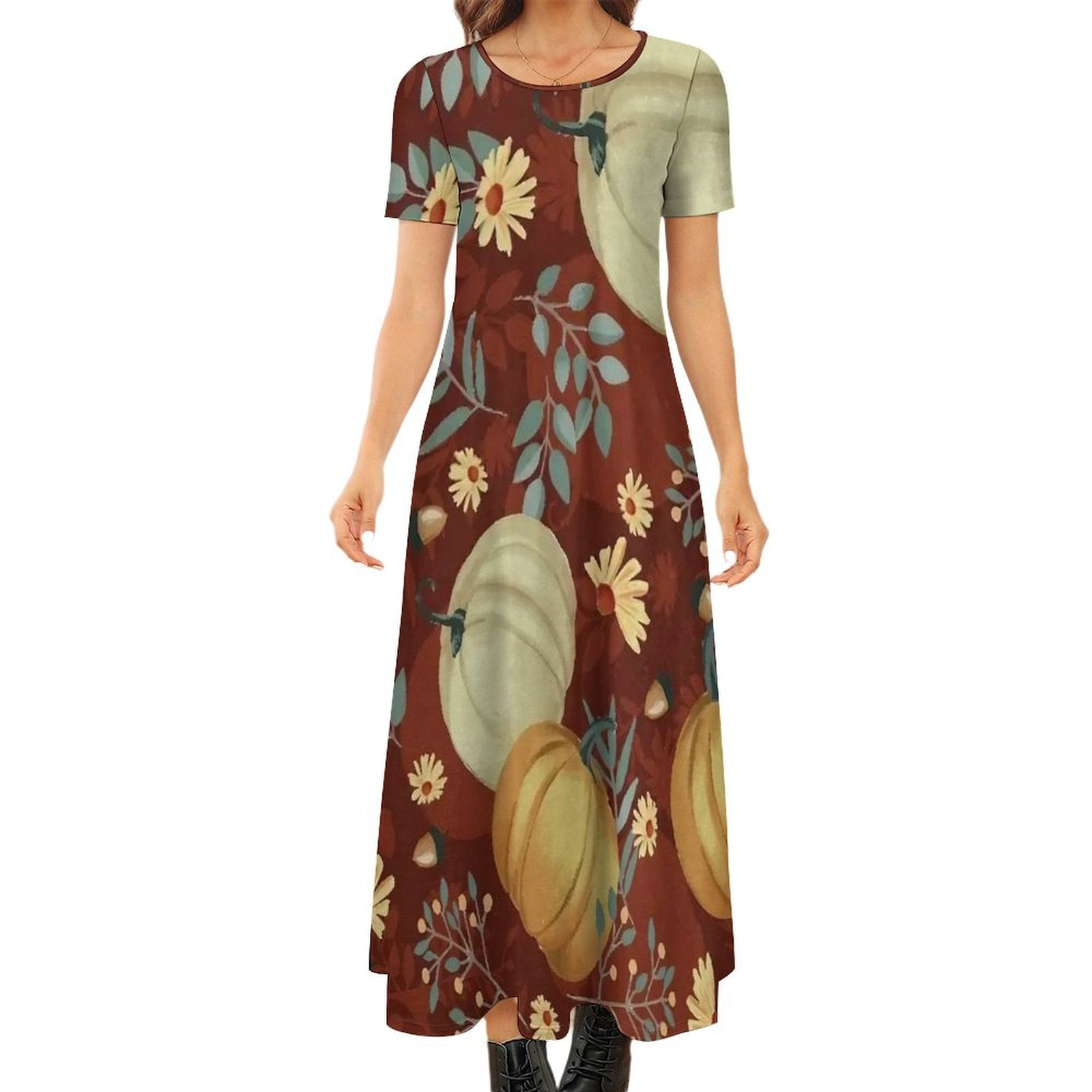 Autumn Pumpkins Maroon Background Maxi Dress for Women Crew Neck Beach ...