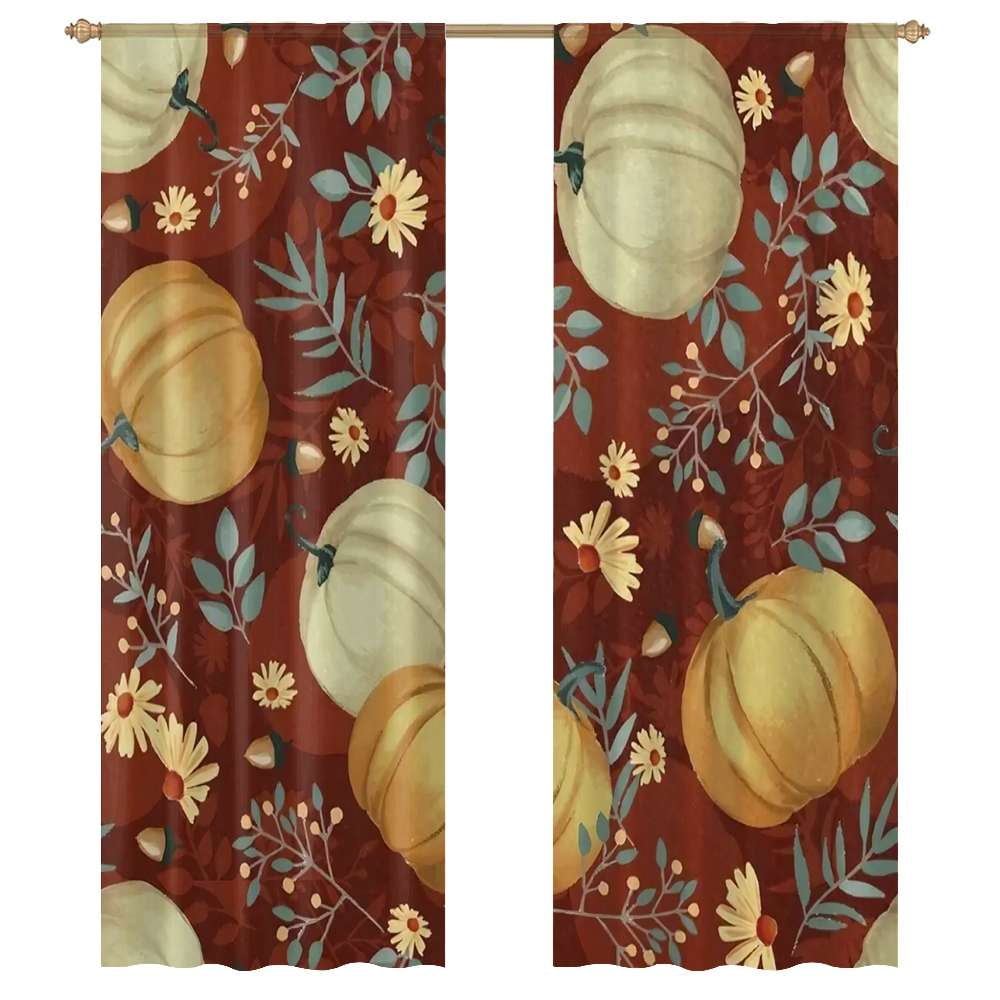 Autumn Pumpkins Maroon Background Tulle Curtains For Living Room ...