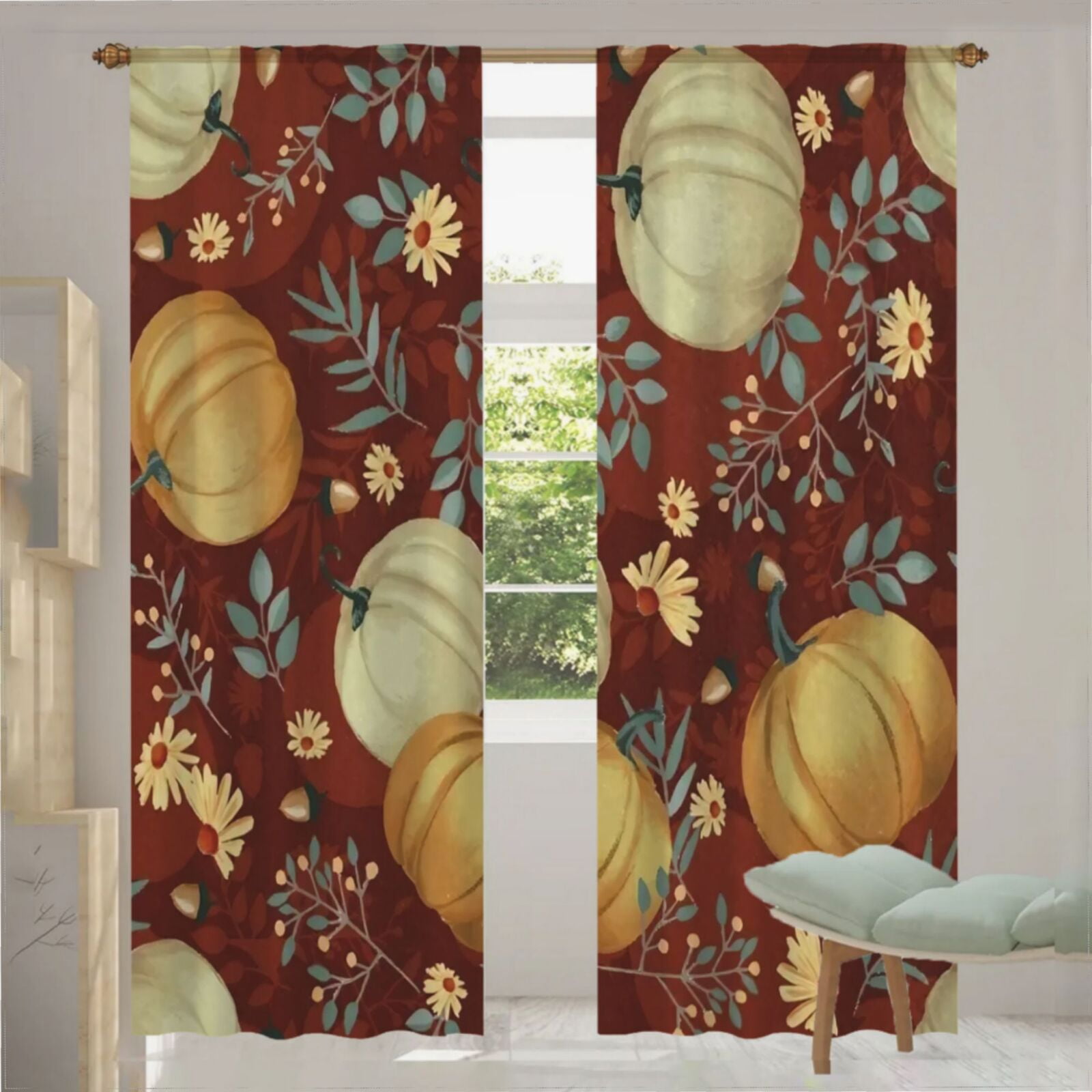 Autumn Pumpkins Maroon Background Window Tulle Curtains for Living Room ...