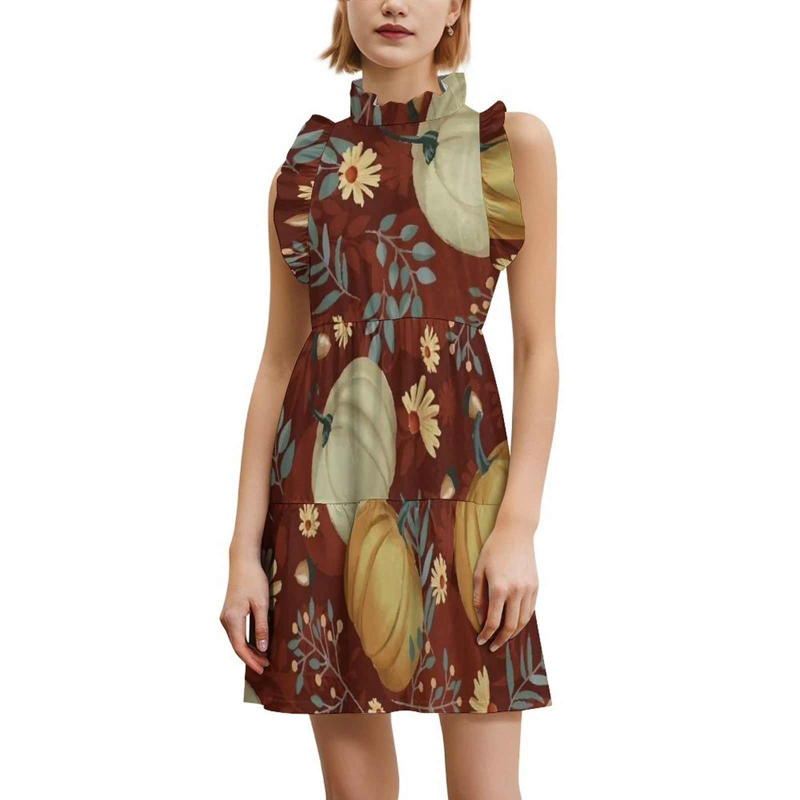 Autumn Pumpkins Maroon Background Women's Fashion Casual Dress Summer ...