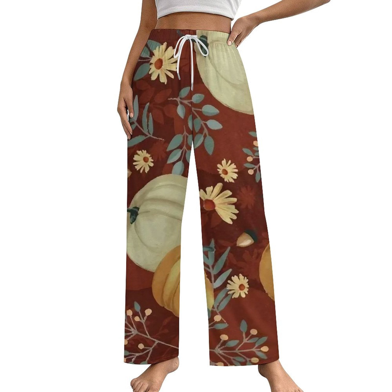 Autumn Pumpkins Maroon Background Women's Pajamas Pajama Pants Women's ...