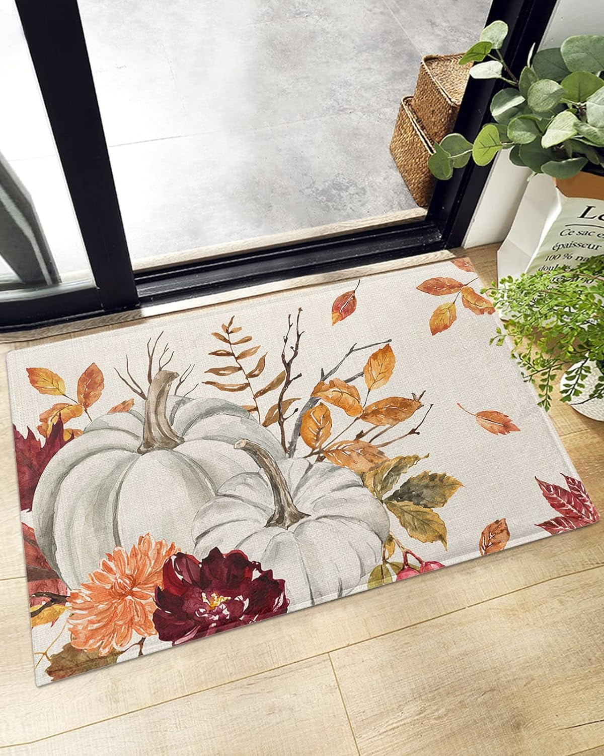 Autumn Pumpkins Shaggy Bath Mat, Farm Fall Leaf Plant Non-Slip Bathroom ...