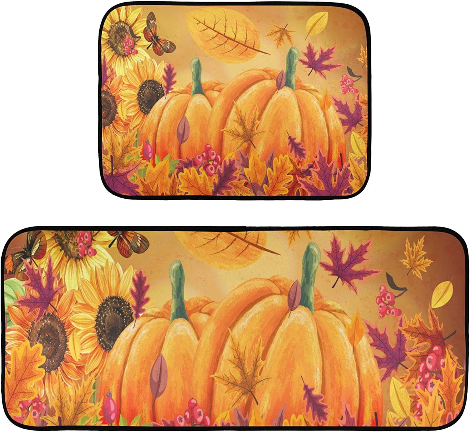 Autumn Pumpkins Sunflowers Kitchen Rug and Mat Set of 2 Anti Fatigue ...