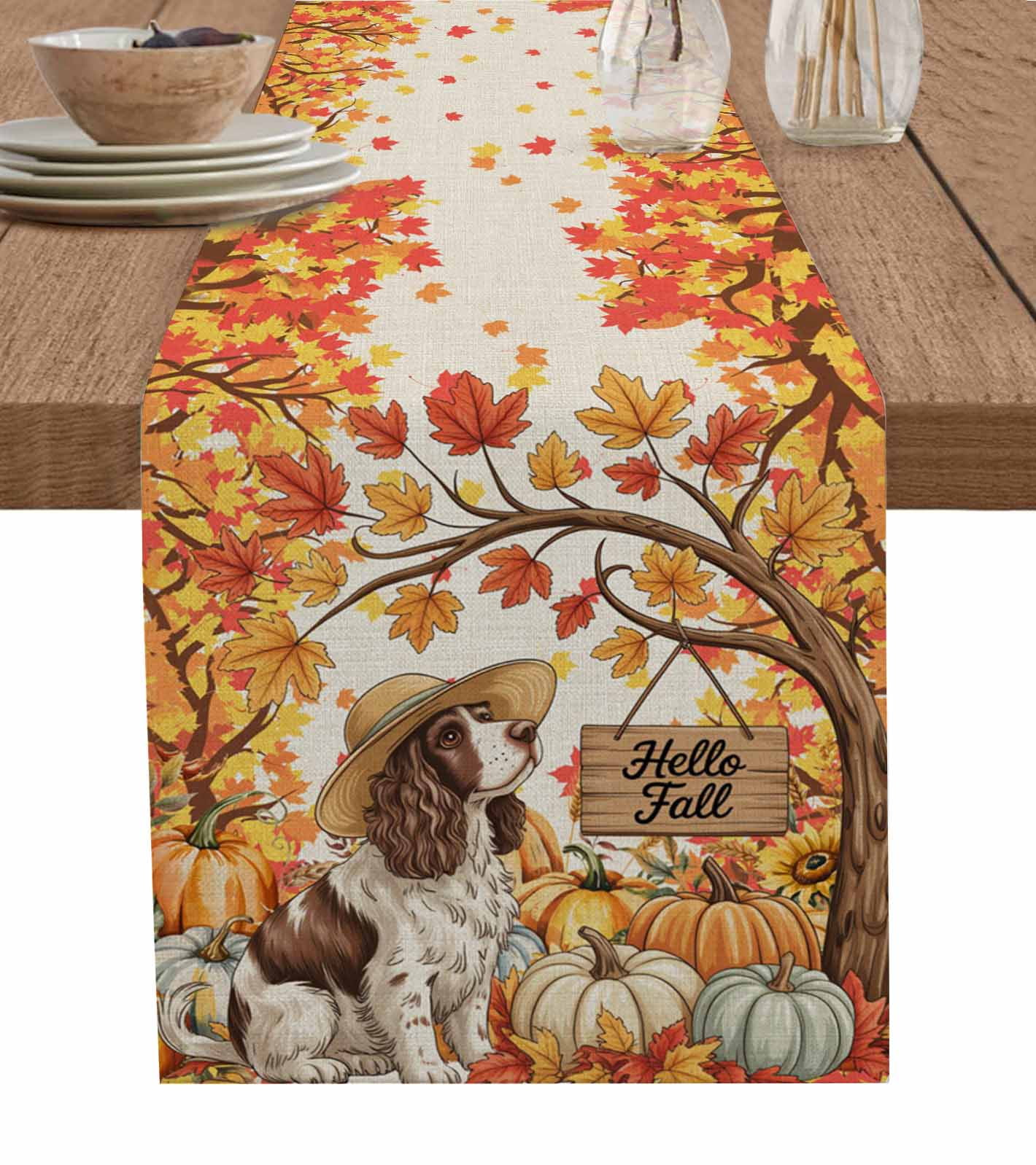 Autumn Puppy Table Runner 108 Inches, Fall Maple Leaf Pumpkin ...