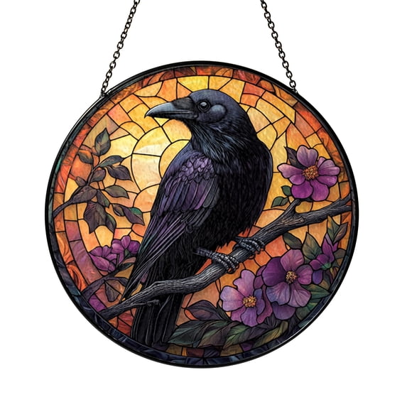 Autumn Raven Stained Glass Style Suncatcher Window Hanging, Forest Bird ...