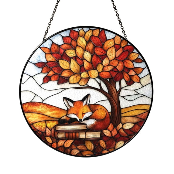 Autumn Reading Fox Stained Glass Style Window Hanging Suncatcher ...