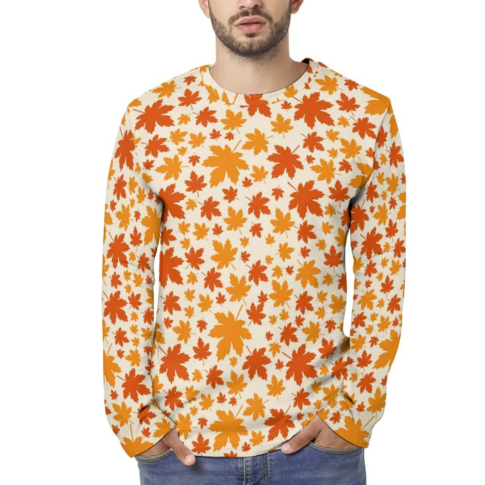 Autumn Red And Orange Maple Leaves Long Sleeve T Shirts for Men, Crew ...
