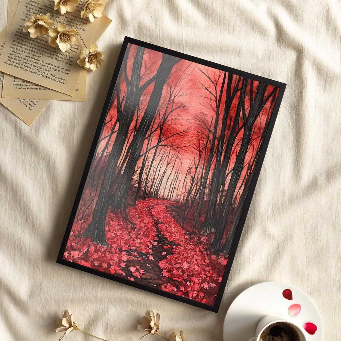 Autumn Red Forest Path Watercolor Painting Poster Vibrant Fall Leaves ...