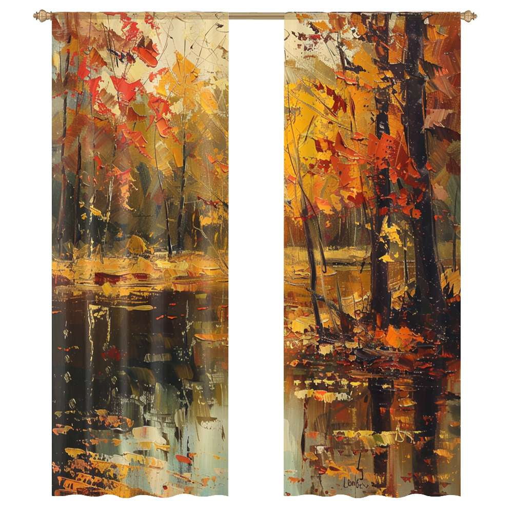 Autumn Red Maple Forest Modern Tulle Window Curtains for Living Room ...