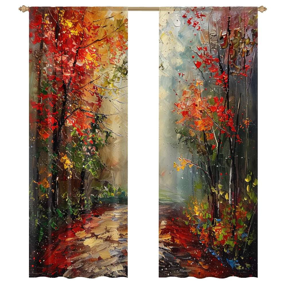 Autumn Red Maple Forest Sheer Voile Curtain Window Tulle Curtains For ...